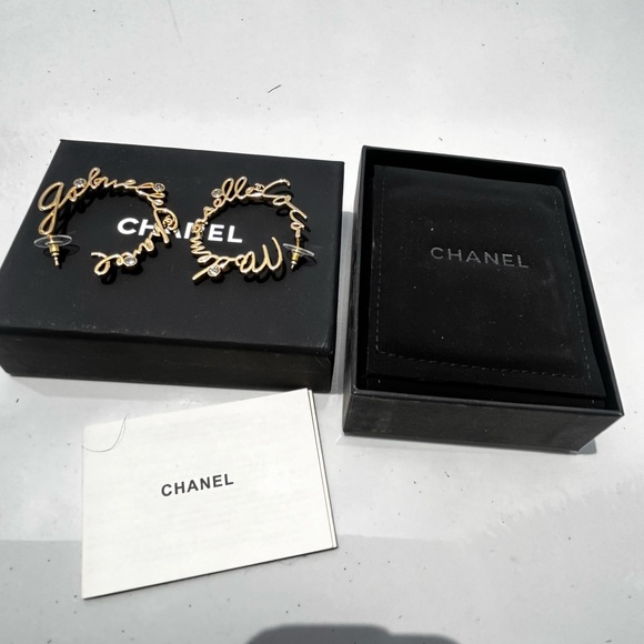 CHANEL | Jewelry | Chanel Coco Chanel Cursive Gold Script Hoop Earrings ...